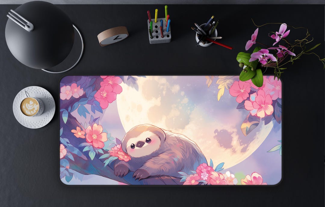 Kawaii Sloth Desk Mat: Pink Pastel Anime Floral Gaming Pad - Etsy