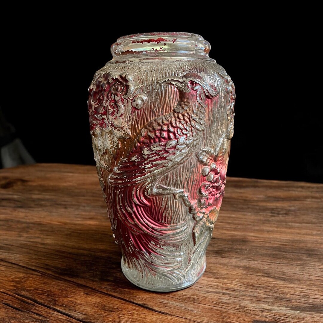 Antique Goofus Glass Vase Embossed Bird and Floral Design Cold Painted ...