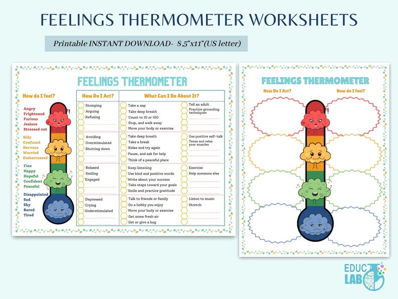 Feelings Thermometer and Coping Skills Set for Teens & Kids. Emotions ...