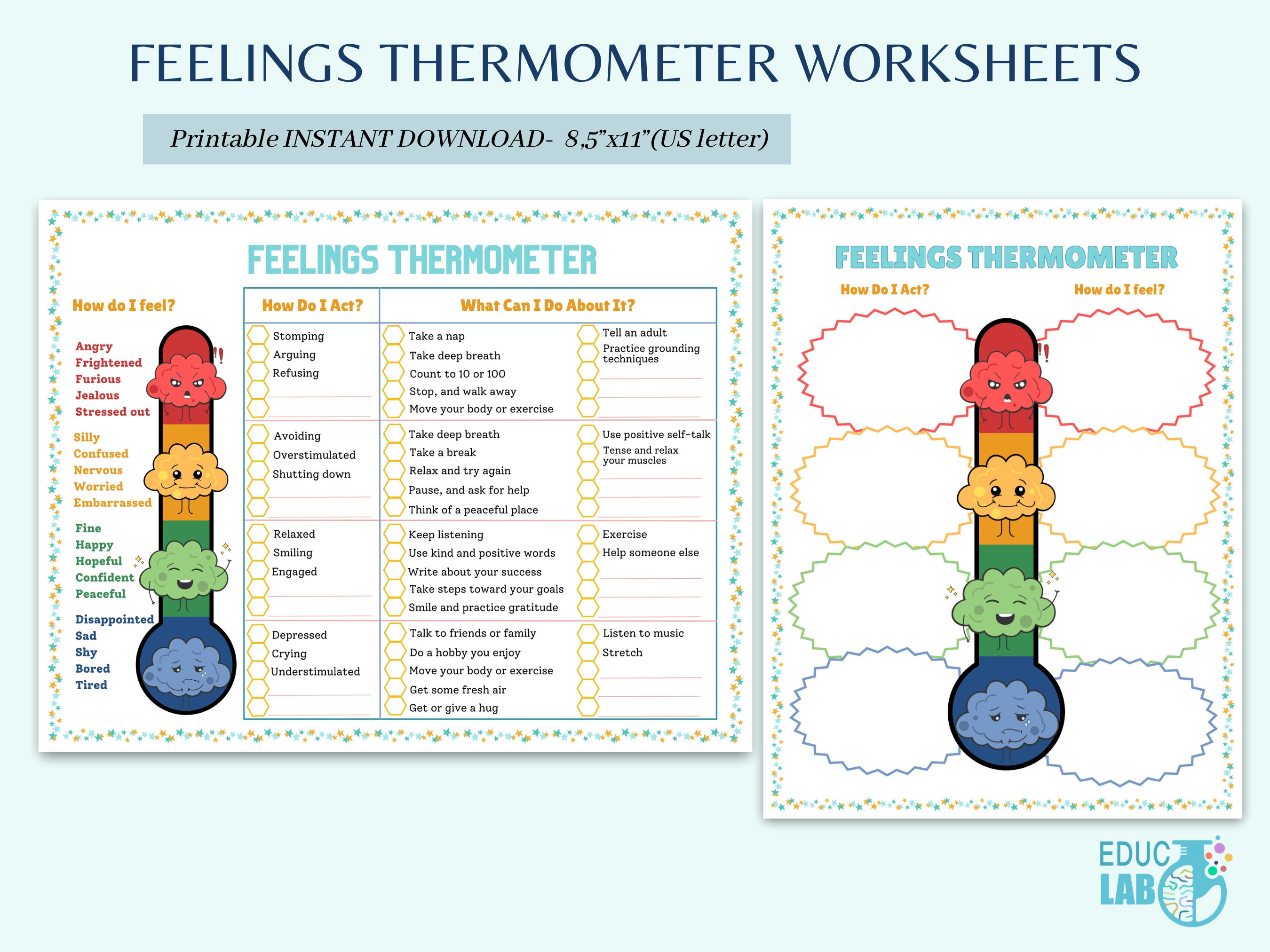 Feelings Thermometer and Coping Skills Set for Teens & Kids. Emotions ...
