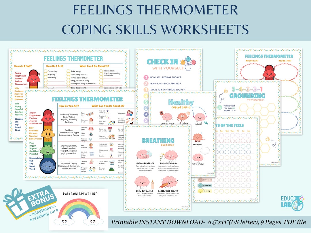 Feelings Thermometer Coping Skills Worksheets for Kids & Teens (digital ...