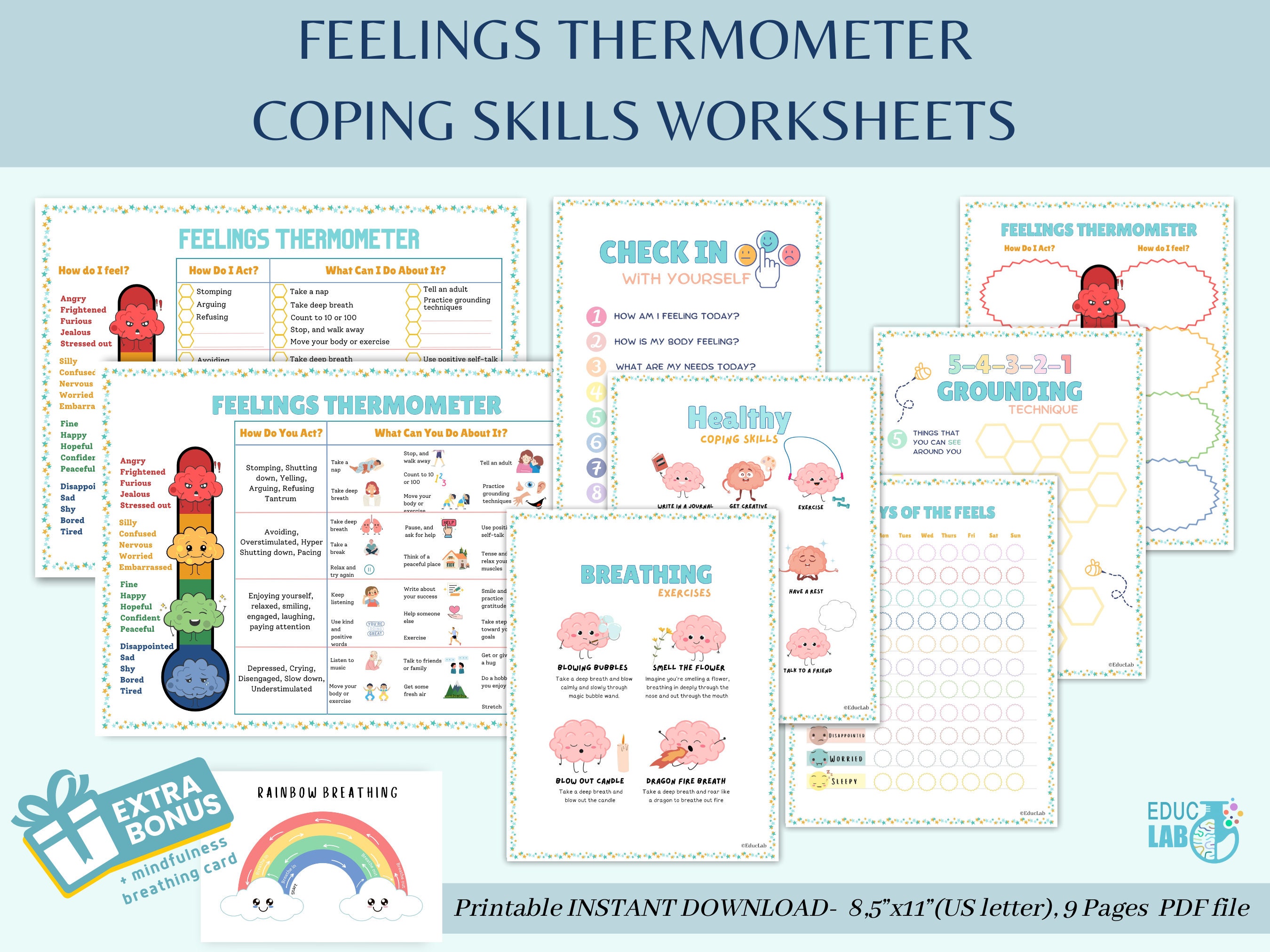 Feelings Thermometer and Coping Skills Set for Teens & Kids. Emotions ...