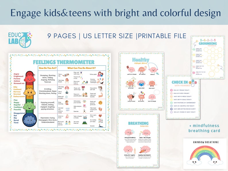 Feelings Thermometer and Coping Skills Set for Teens & Kids. Emotions ...