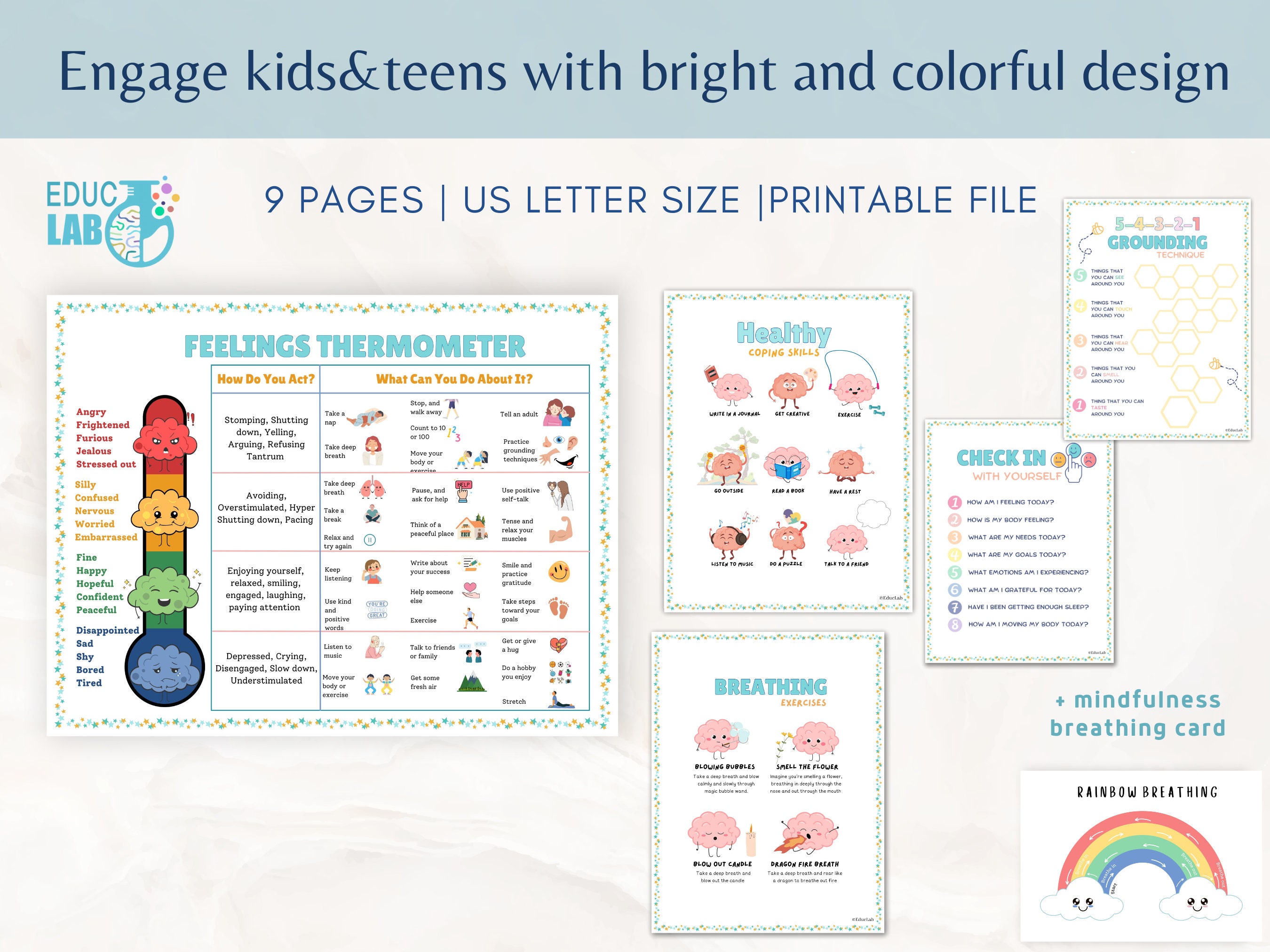 Feelings Thermometer and Coping Skills Set for Teens & Kids. Emotions ...
