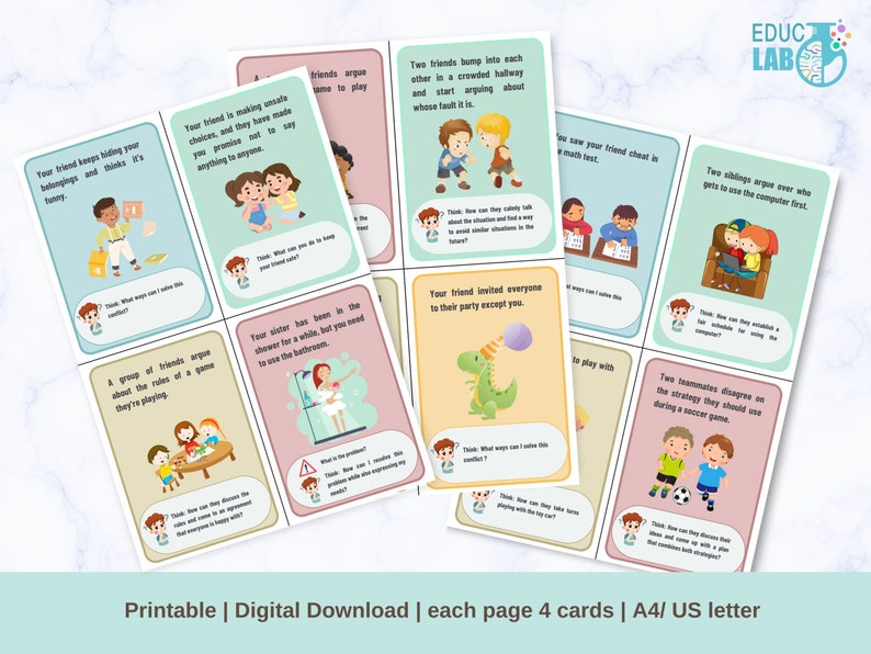 Conflict Resolution Flashcards for Kids, Social Skill Activity, Social ...