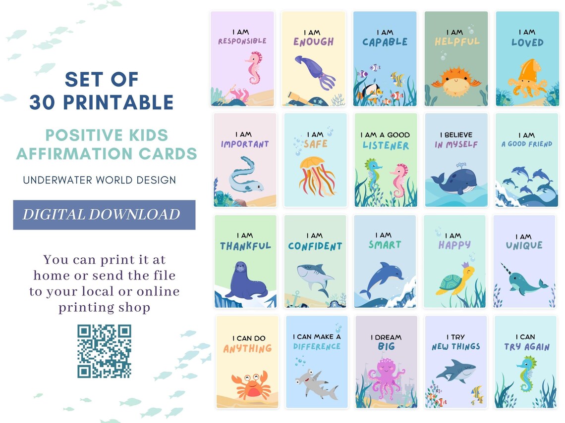 Positive Affirmation Cards for Kids. Underwater World Design Flash Card ...