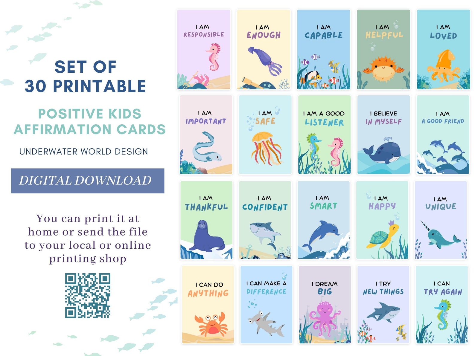 Positive Affirmation Cards for Kids. Underwater World Design Flash Card ...