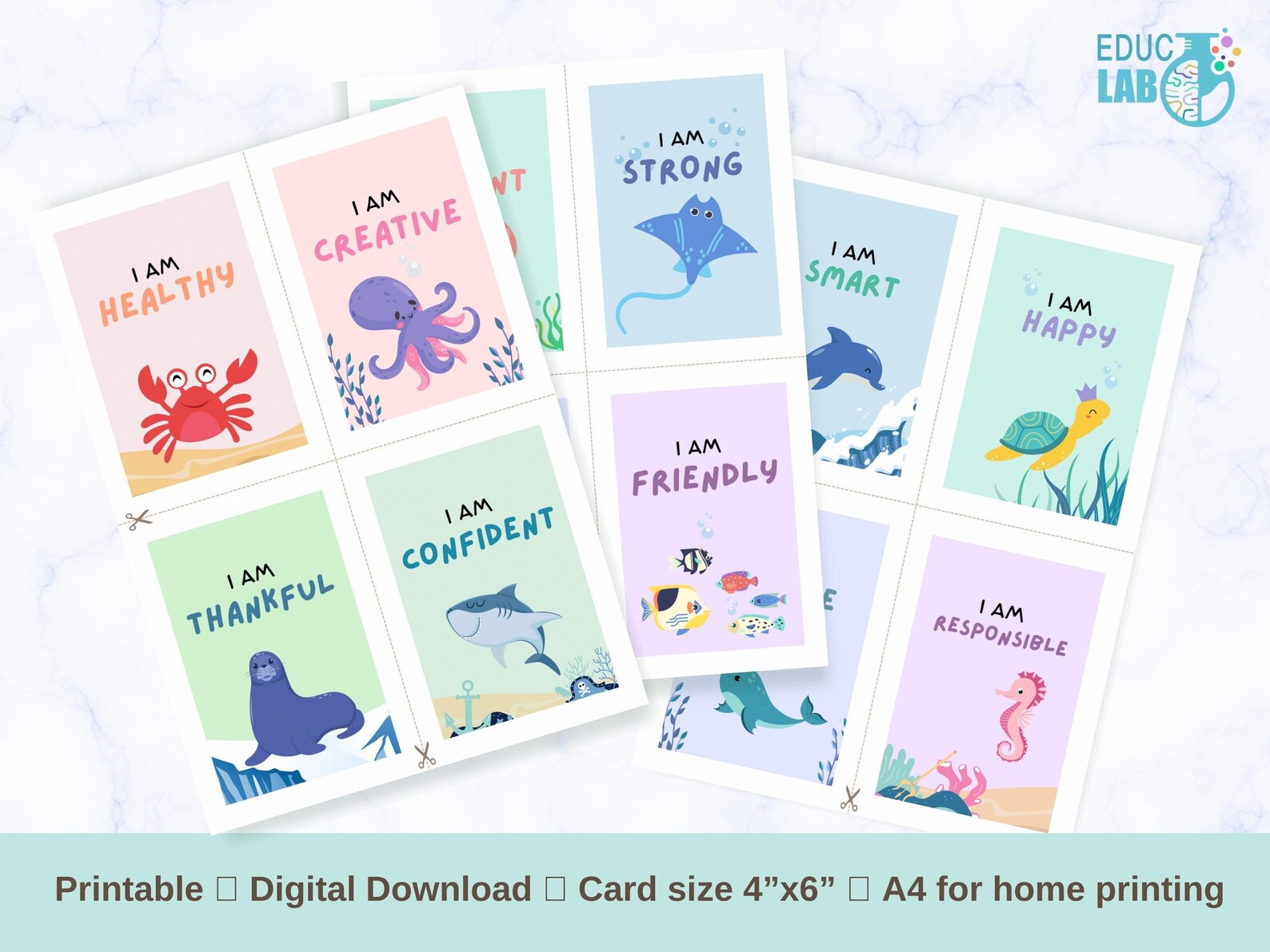 Positive Affirmation Cards for Kids. Underwater World Design Flash Card ...