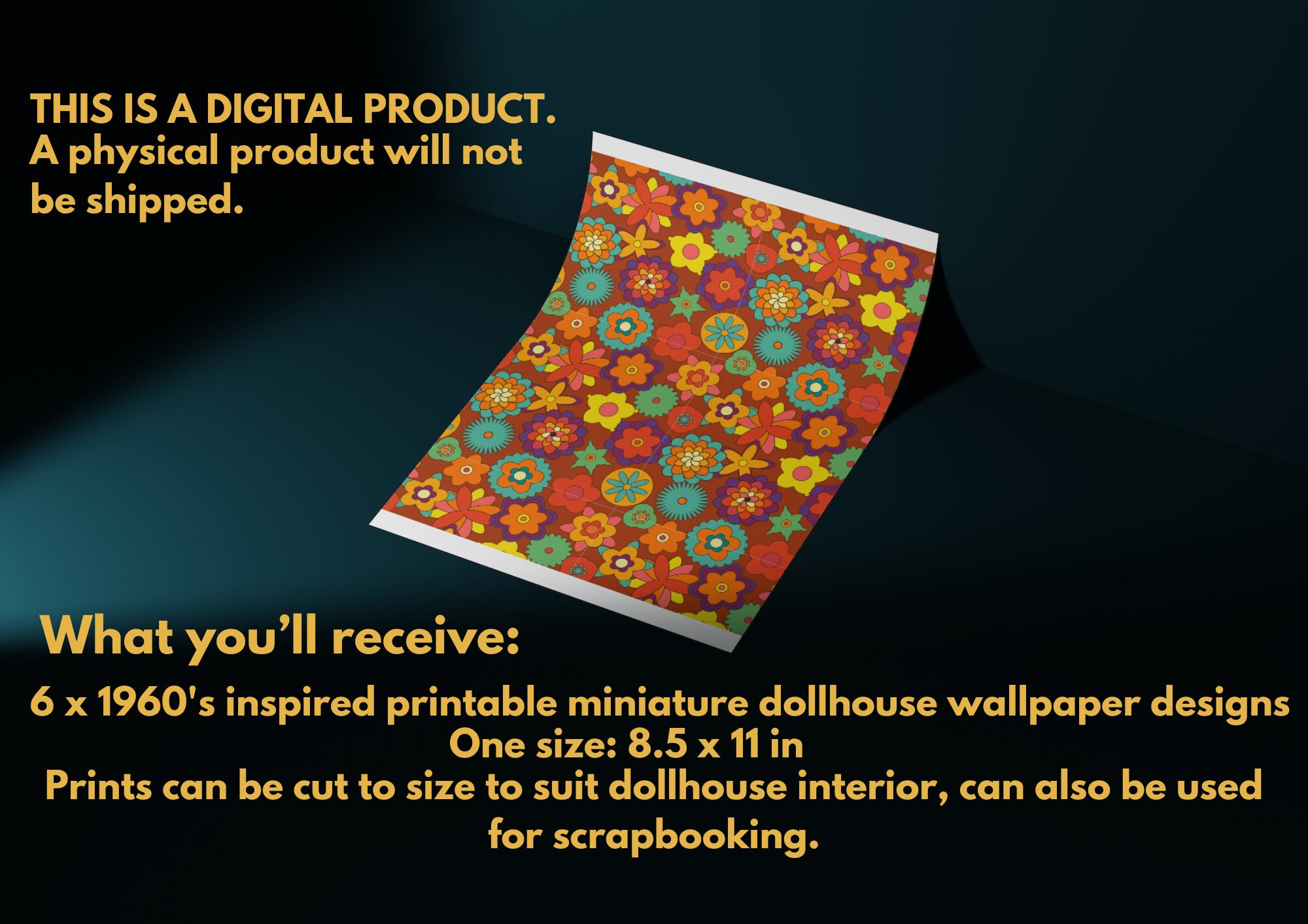 6 X 1960's Inspired Miniature 1:12 Printable Wallpaper on 8.5"x11 ...