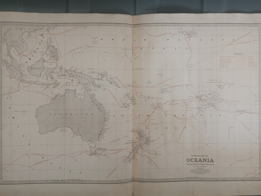 Outline Map of Oceania Showing Routes of Early Discoveries - Etsy UK