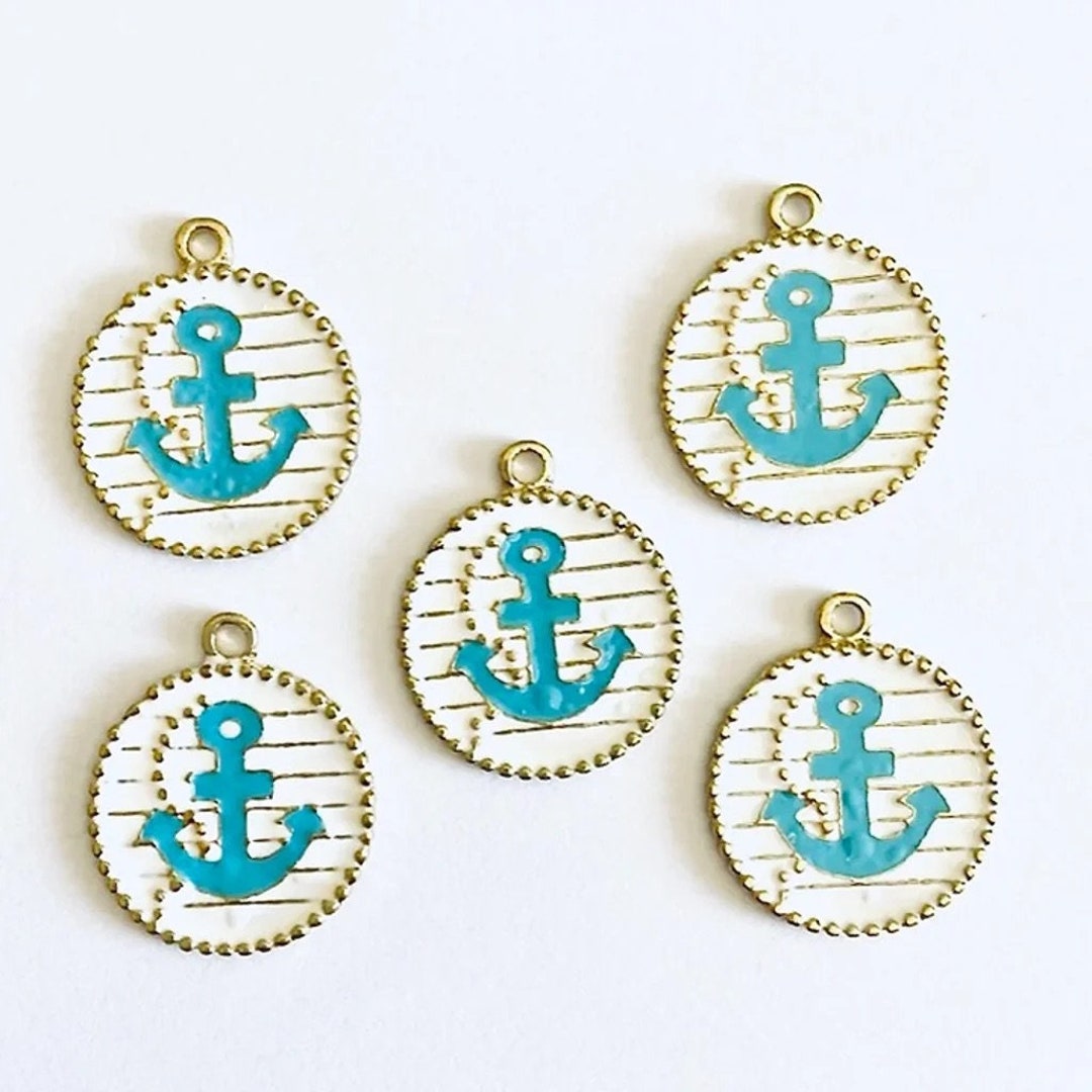 White and Blue Enamel and Gold Metal Anchor Charms 5 Charms, 24mm Item ...