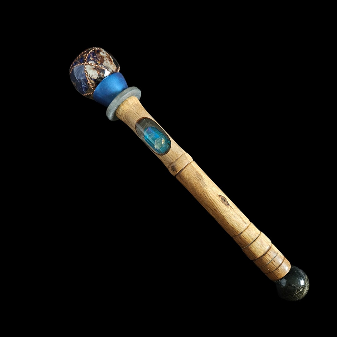 Custom Wood Wand With Aquar Aura Quartz Inside, Azurite Tensor Ring ...
