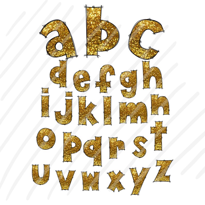 Yellow Gold Glitter Doodle Alphabet Letters, Rainbow Glitter PNG Bundle ...