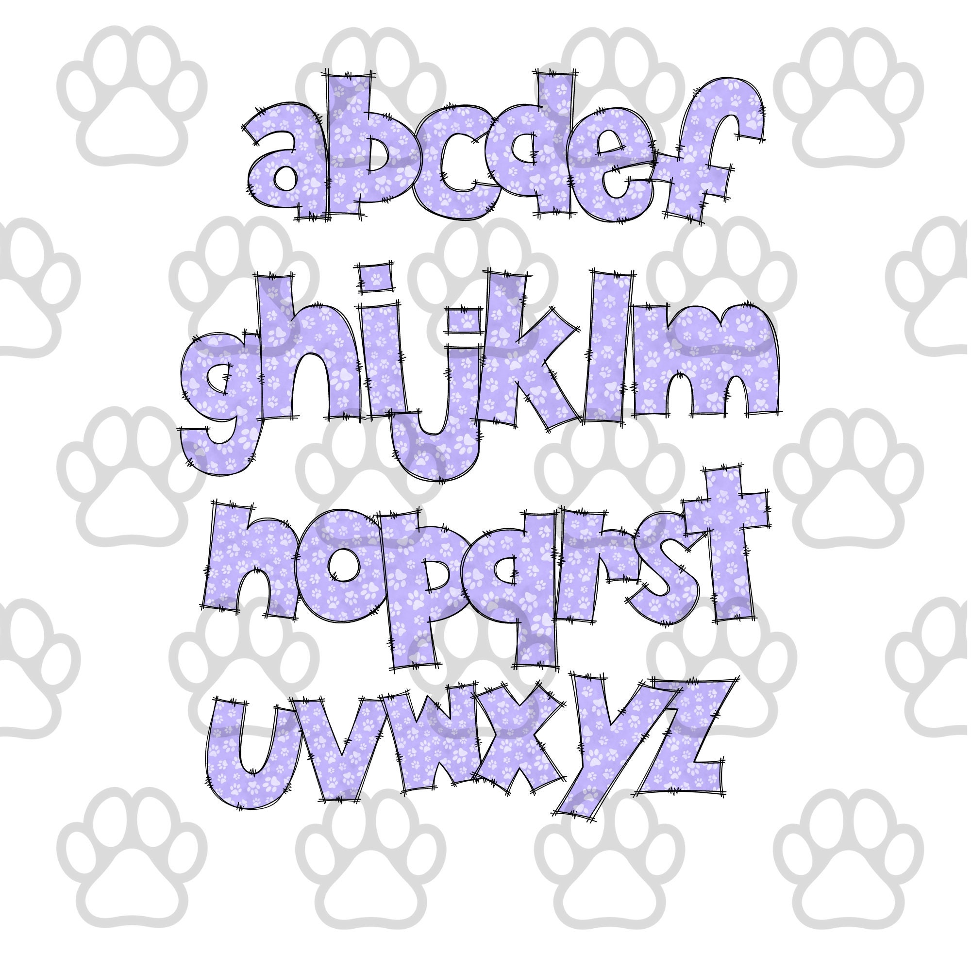 Purple Paw Prints Pastels Alpha Doodle Upper Lower Numbers Etsy