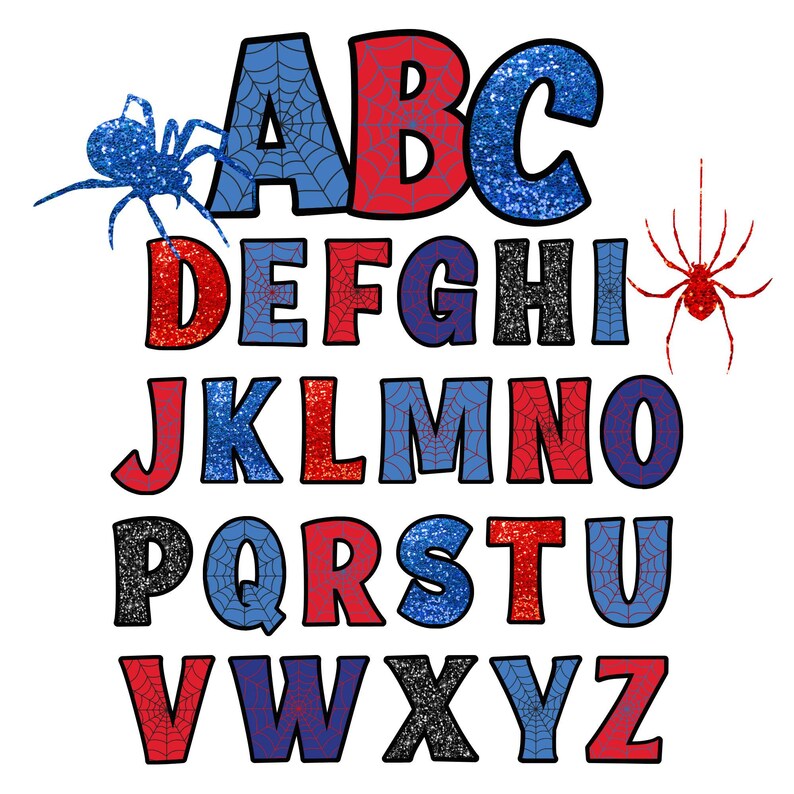 Spider Dude 7 Set Glitter Spider PNG Birthday Alpha Doodle Font Upper ...