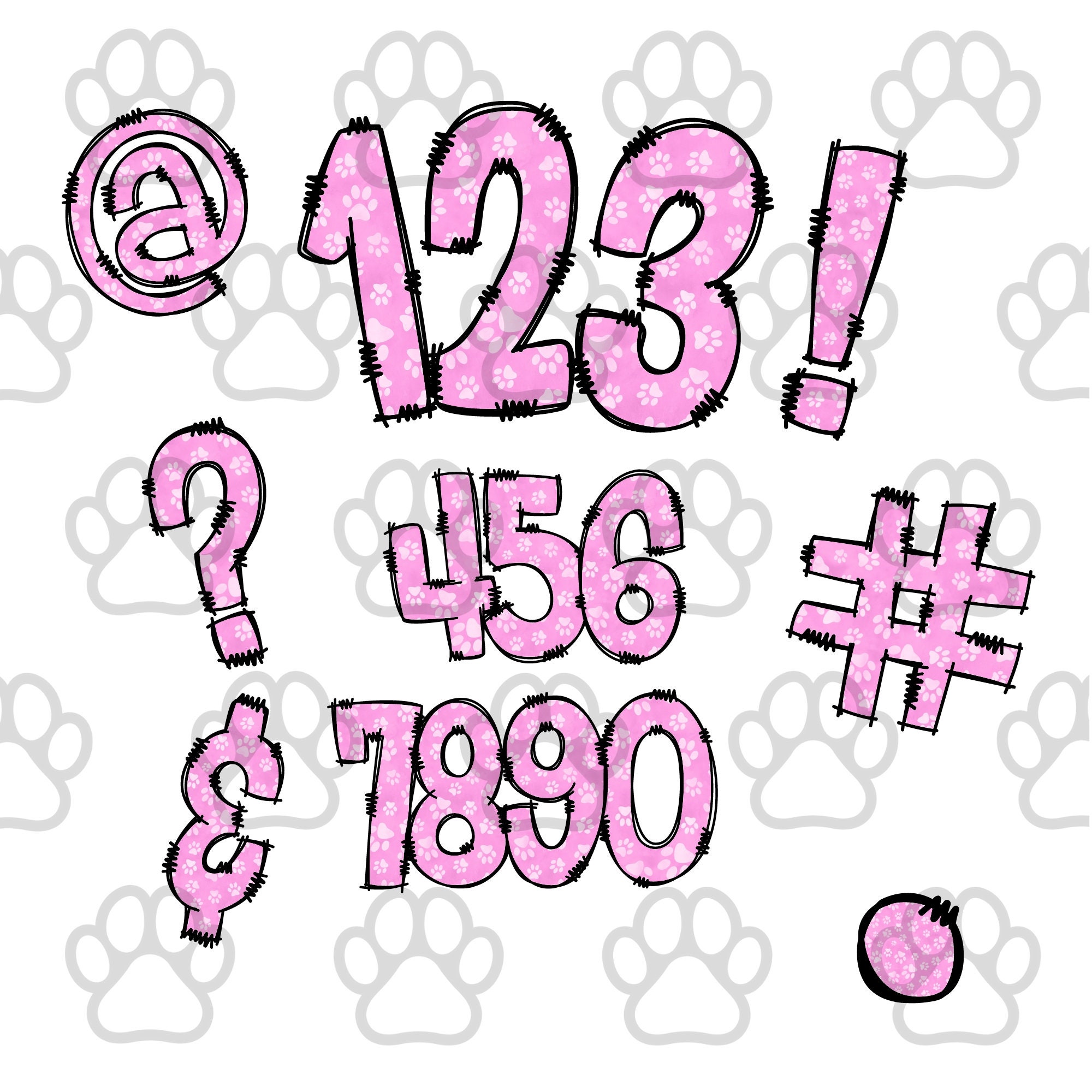 Pink Paw Prints Pastels Alpha Doodle Upper Lower Numbers Symbols Pets ...