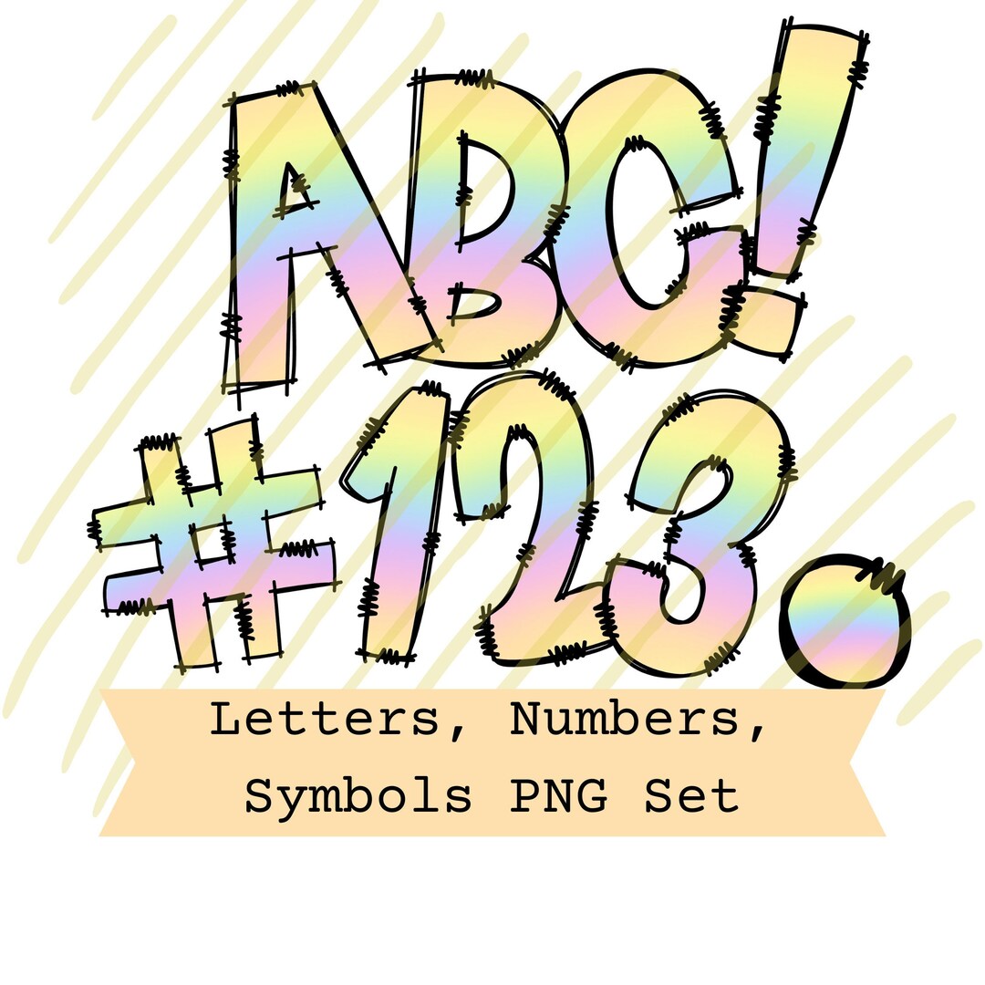 Pastel Rainbow Alpha Doodle Letters PNG Bundle Pink Orange Yellow Green ...