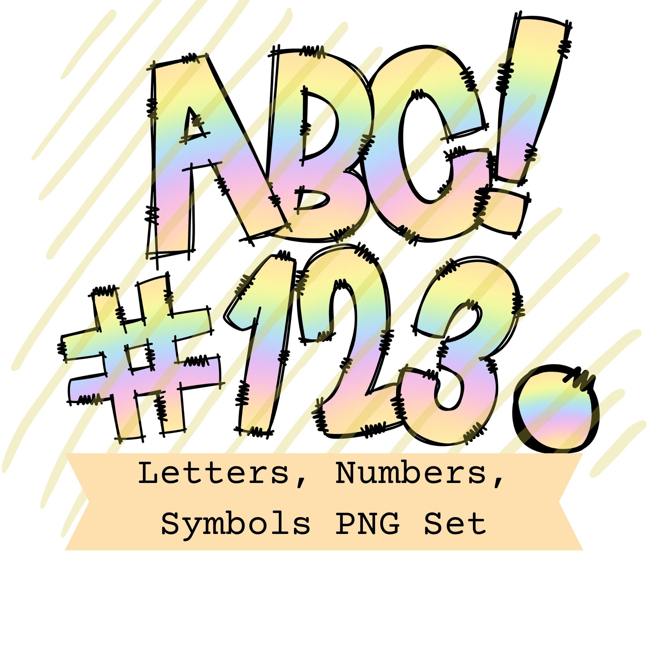 Pastel Rainbow Alpha Doodle Letters PNG Bundle Pink Orange Yellow Green ...