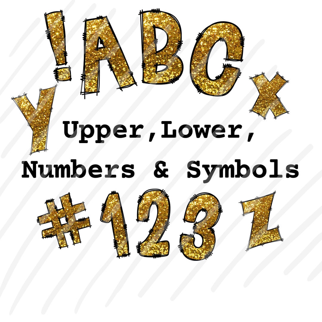 Yellow Gold Glitter Doodle Alphabet Letters, Rainbow Glitter PNG Bundle ...