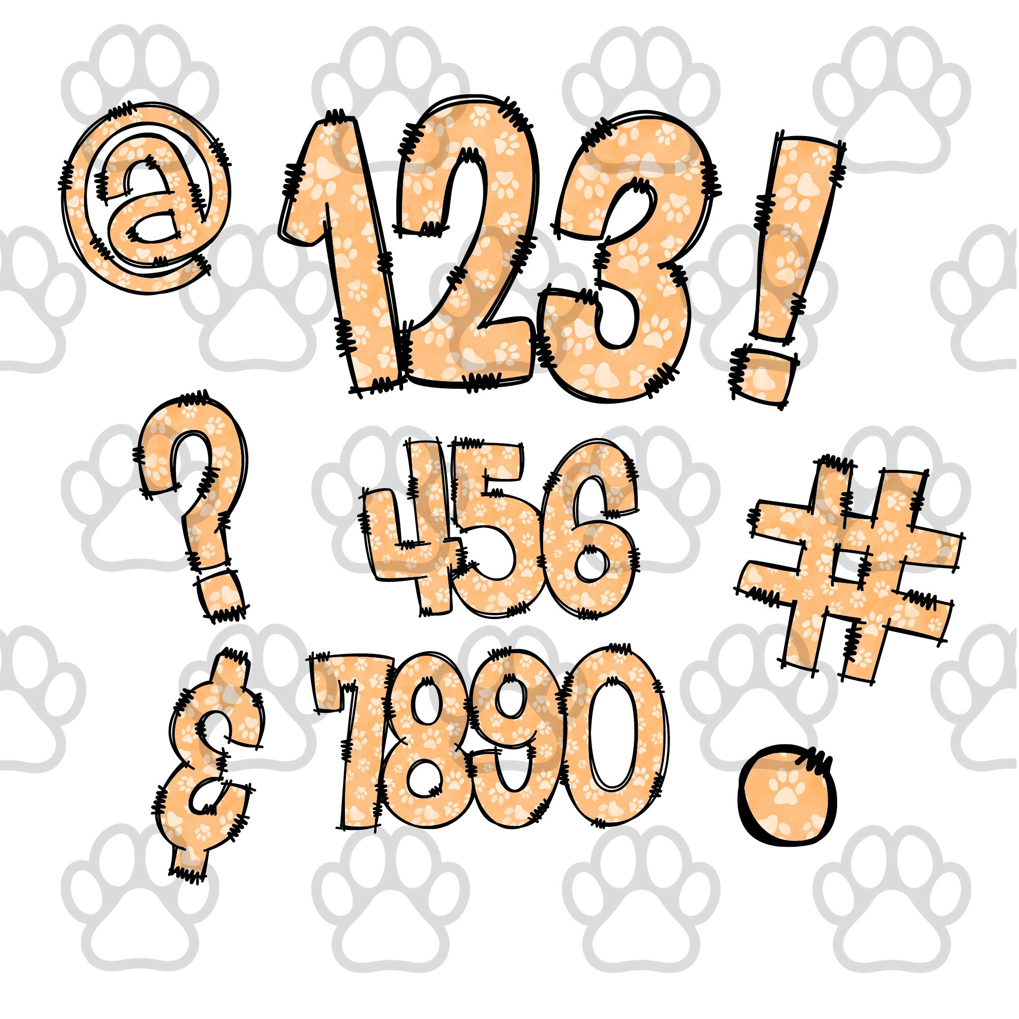Orange Paw Prints Pastels Alpha Doodle Upper Lower Numbers Symbols Pets ...