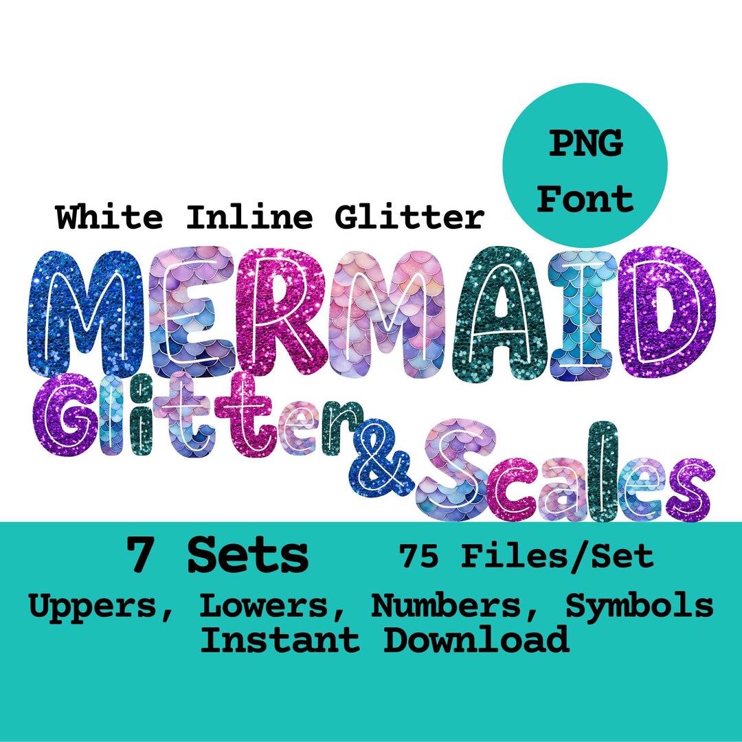 Mermaid Glitter and Scales White Inline Alpha Doodle Rainbow Glitter ...