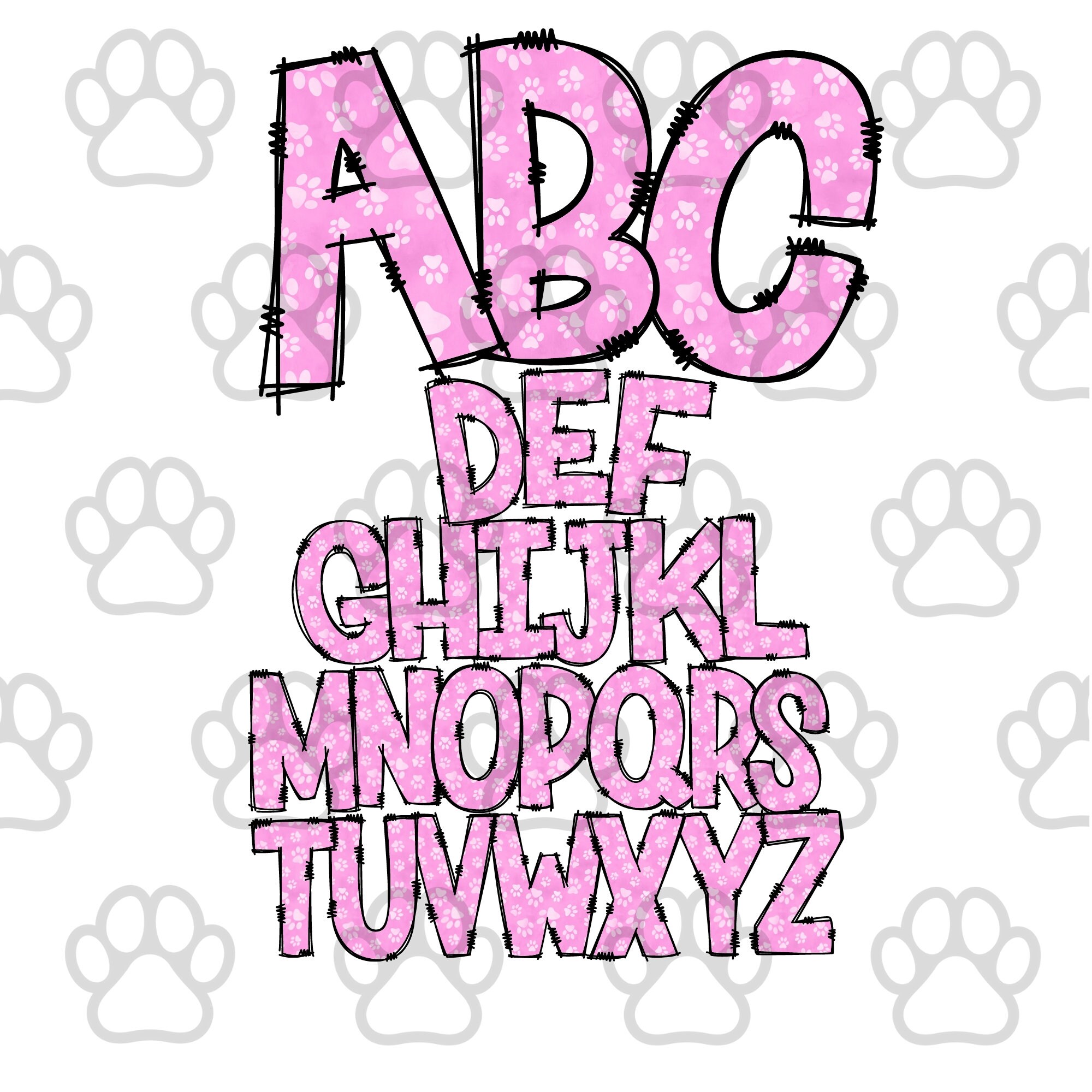 Pink Paw Prints Pastels Alpha Doodle Upper Lower Numbers Symbols Pets ...