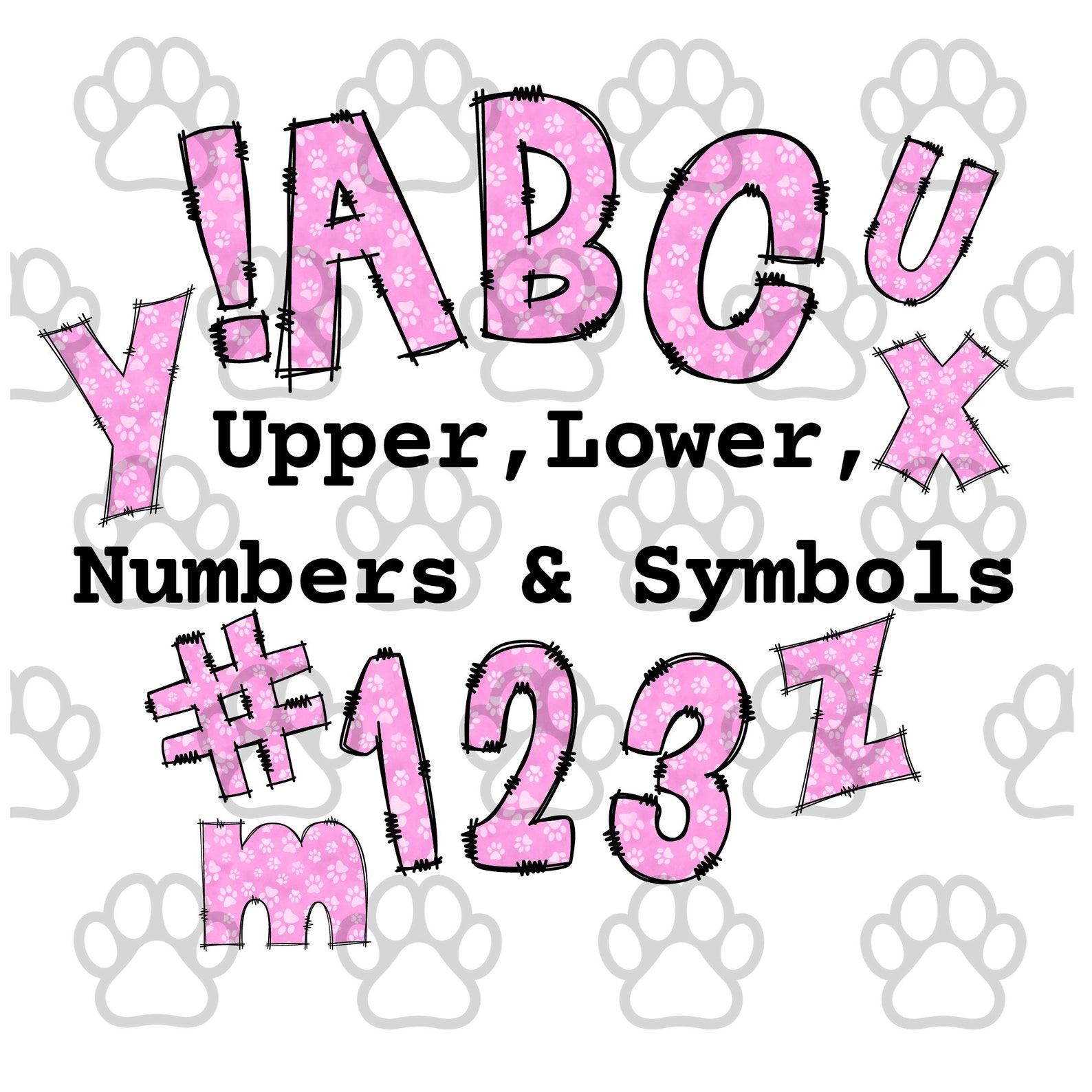 Pink Paw Prints Pastels Alpha Doodle Upper Lower Numbers Symbols Pets ...