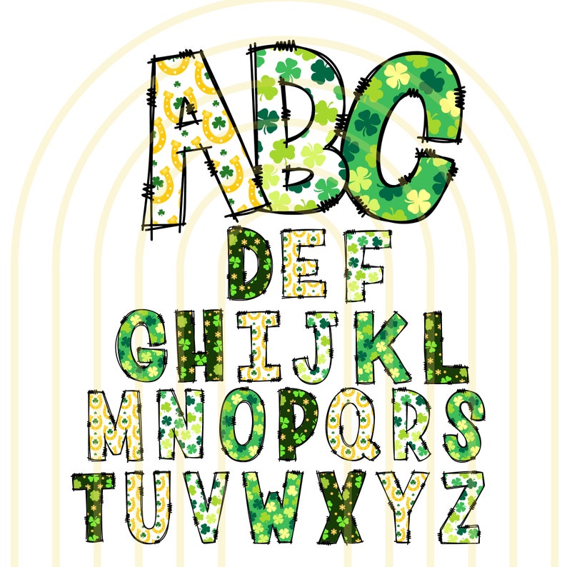 St Patrick's Green Shamrock Alpha Doodle Letters PNG Bundle, Hand Drawn ...