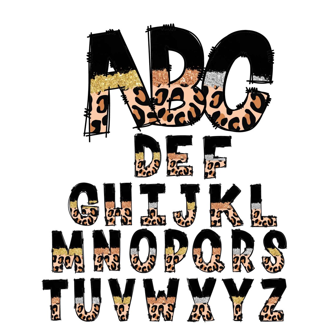 Leopard Gold Silver Bronze Glitter Strip Doodle Letters PNG Cheetah ...