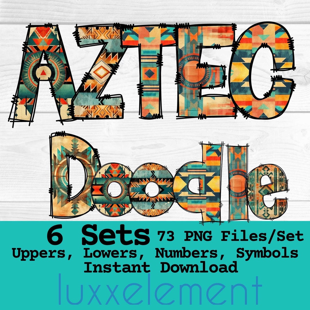 Aztec Grunge PNG Font Colourful Alpha Doodle Font Upper Lower Numbers ...