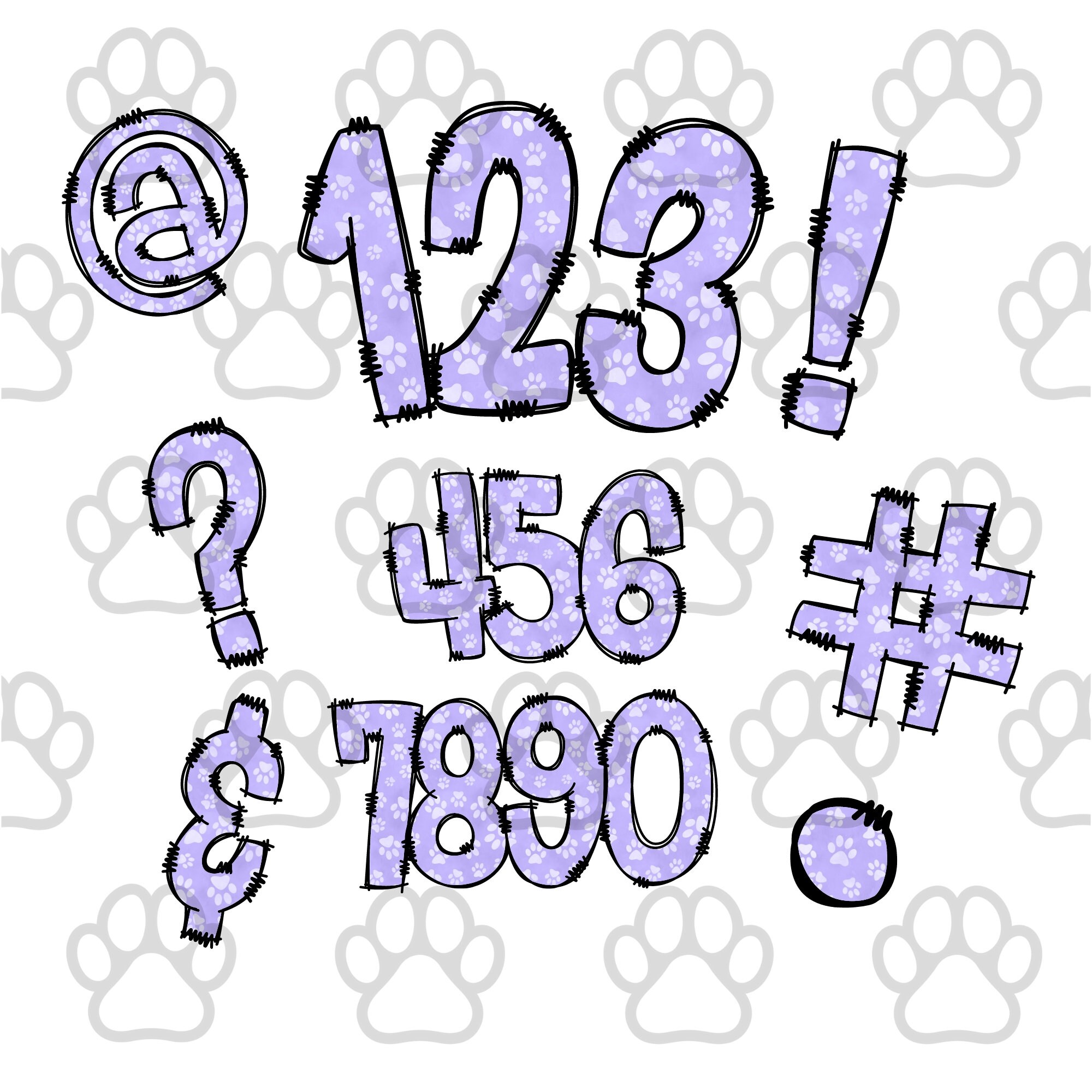 Purple Paw Prints Pastels Alpha Doodle Upper Lower Numbers Etsy