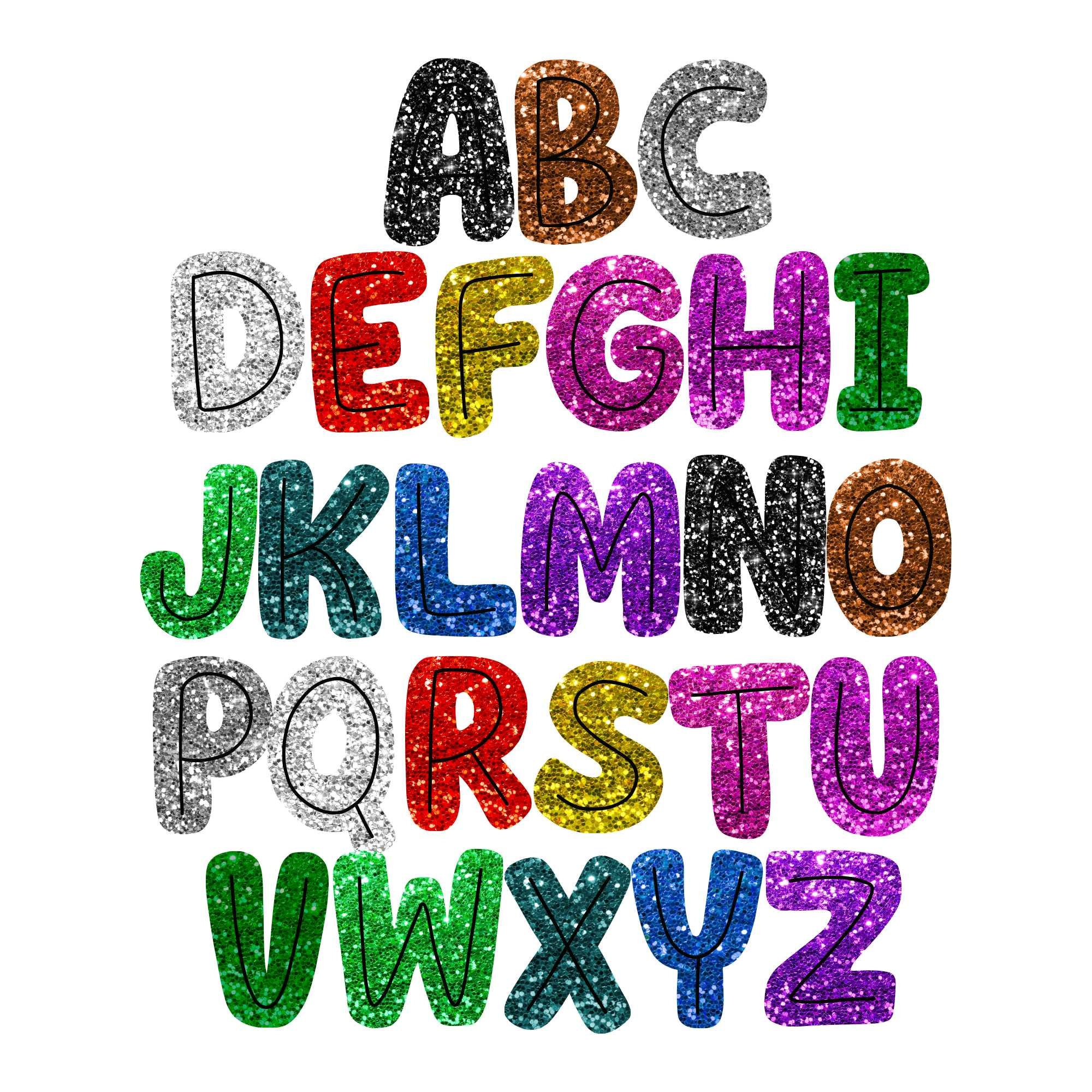 13 Colors of Glitter Letters Black Inline Alpha Doodle Rainbow Glitter ...