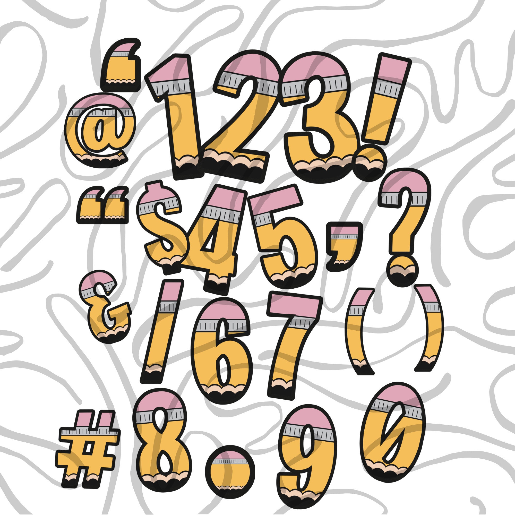 Pencil V2 Font Full Set Teacher Alpha Doodle Pencil Tshirts Banners ...