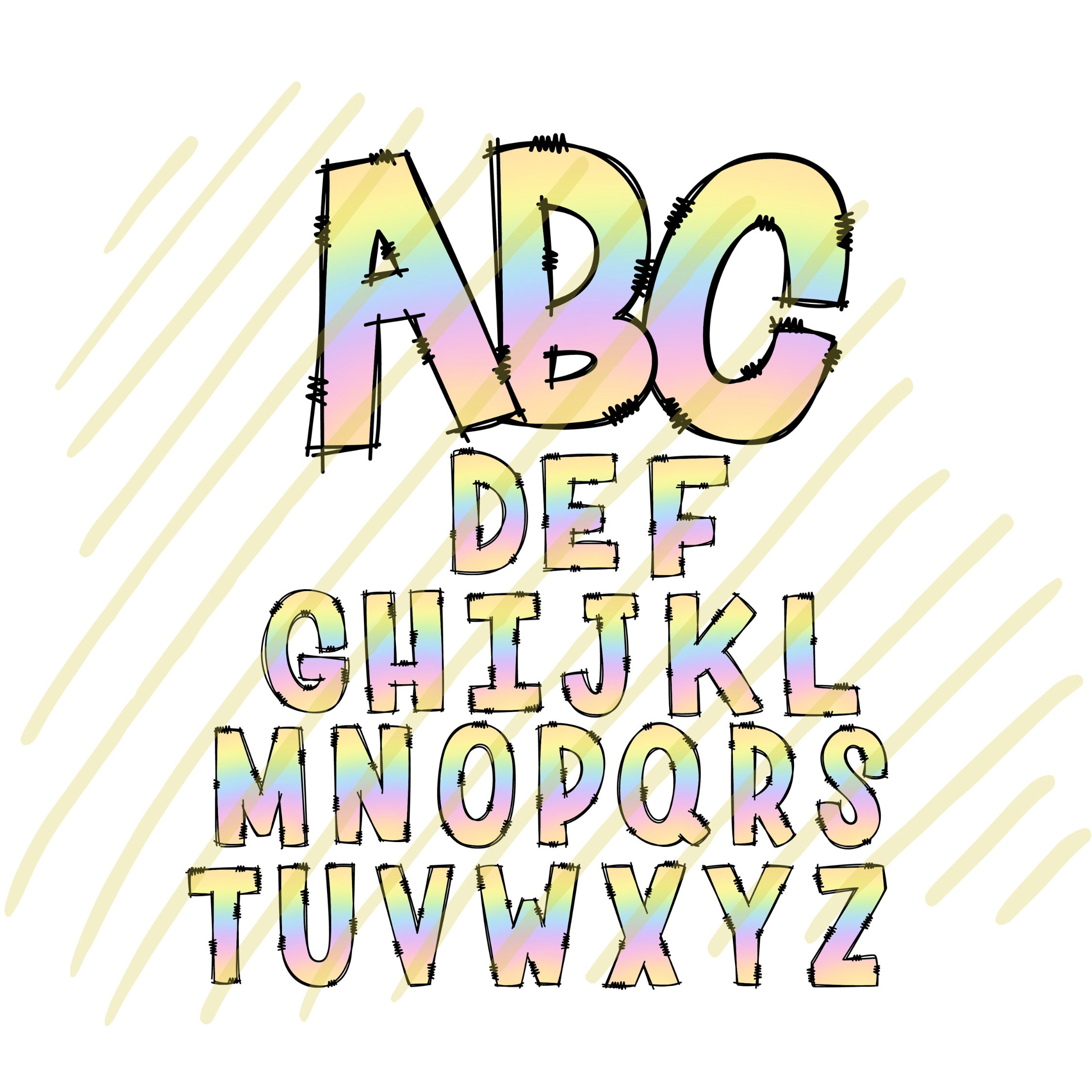 Pastel Rainbow Alpha Doodle Letters PNG Bundle Pink Orange Yellow Green ...