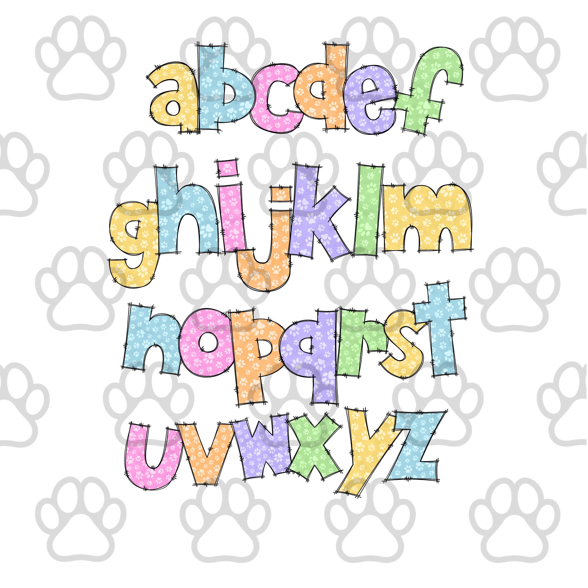 Paw Prints Pastels Alpha Doodle Upper Lower Numbers Symbols Etsy