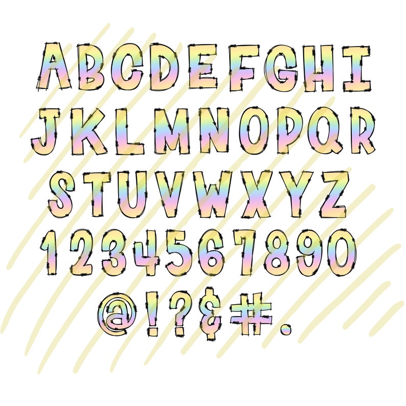 Pastel Rainbow Alpha Doodle Letters PNG Bundle Pink Orange Yellow Green ...