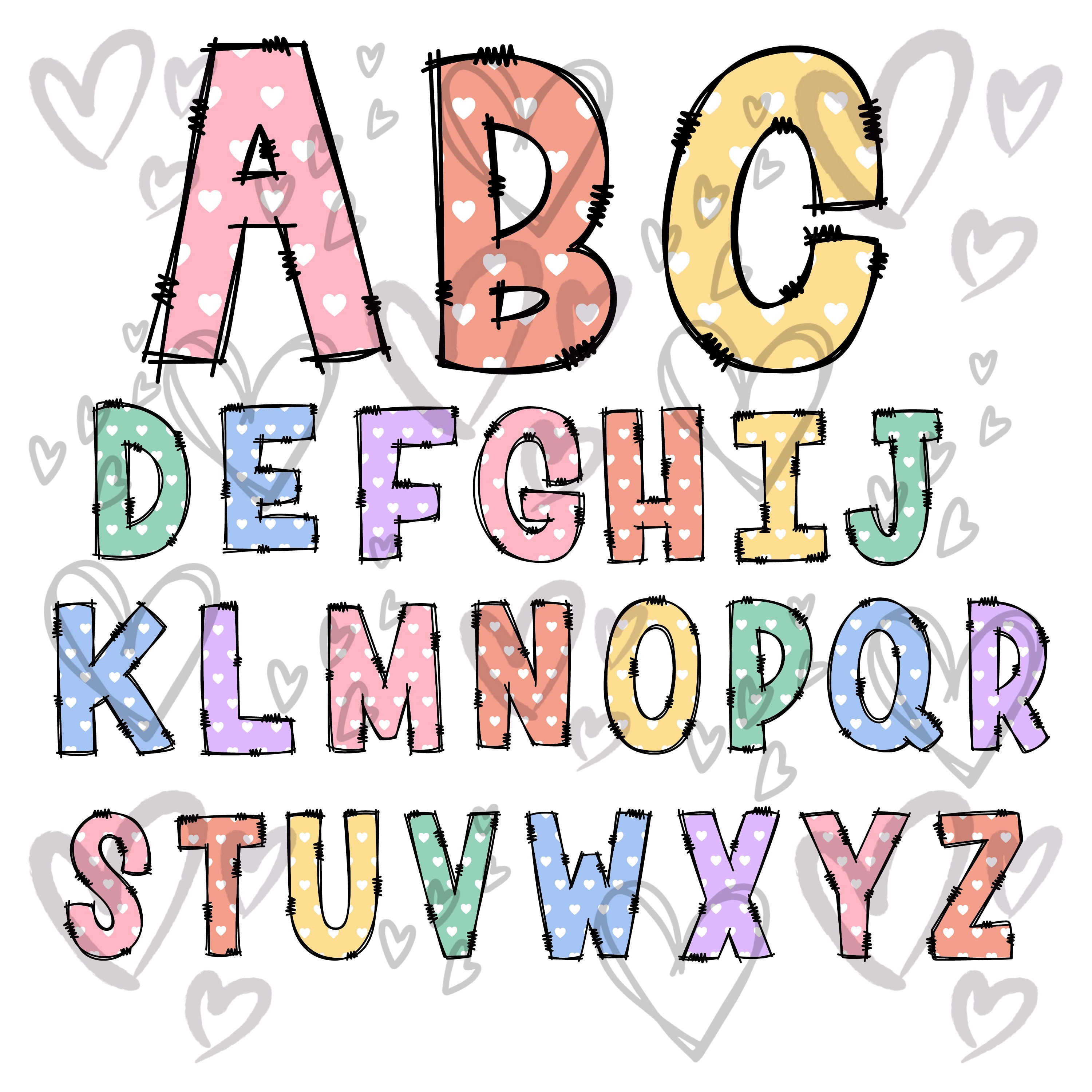 Pastel Hearts Alphabet Letters PNG Bundle Pink Orange Yellow - Etsy