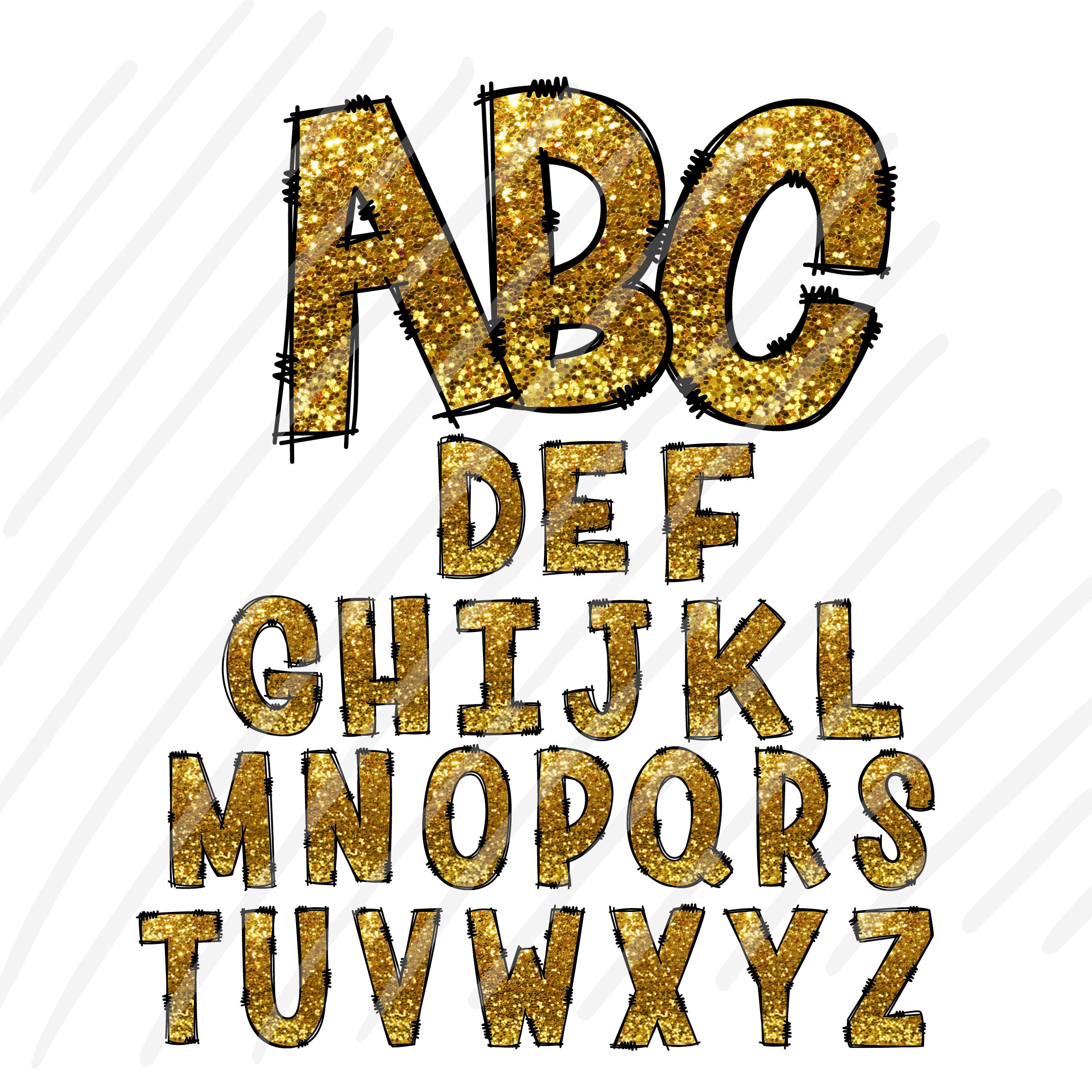 Yellow Gold Glitter Doodle Alphabet Letters, Rainbow Glitter PNG Bundle ...