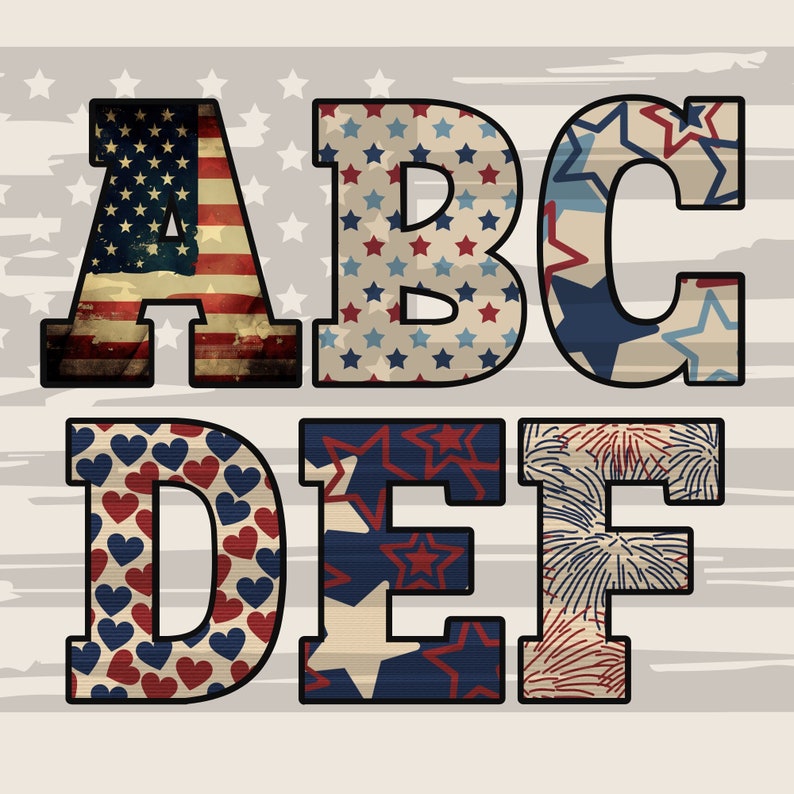 July 4th Vintage Alpha Doodle Patriotic Red White Blue Letters Numbers ...