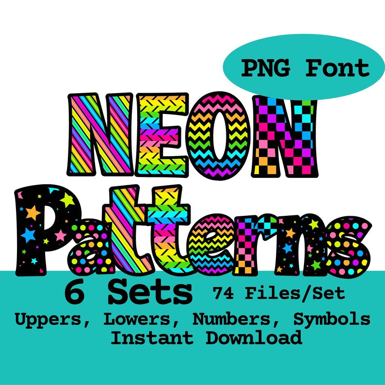 Neon Patterns Strips Chevron Checkers Stars Alpha Doodle Font Upper ...