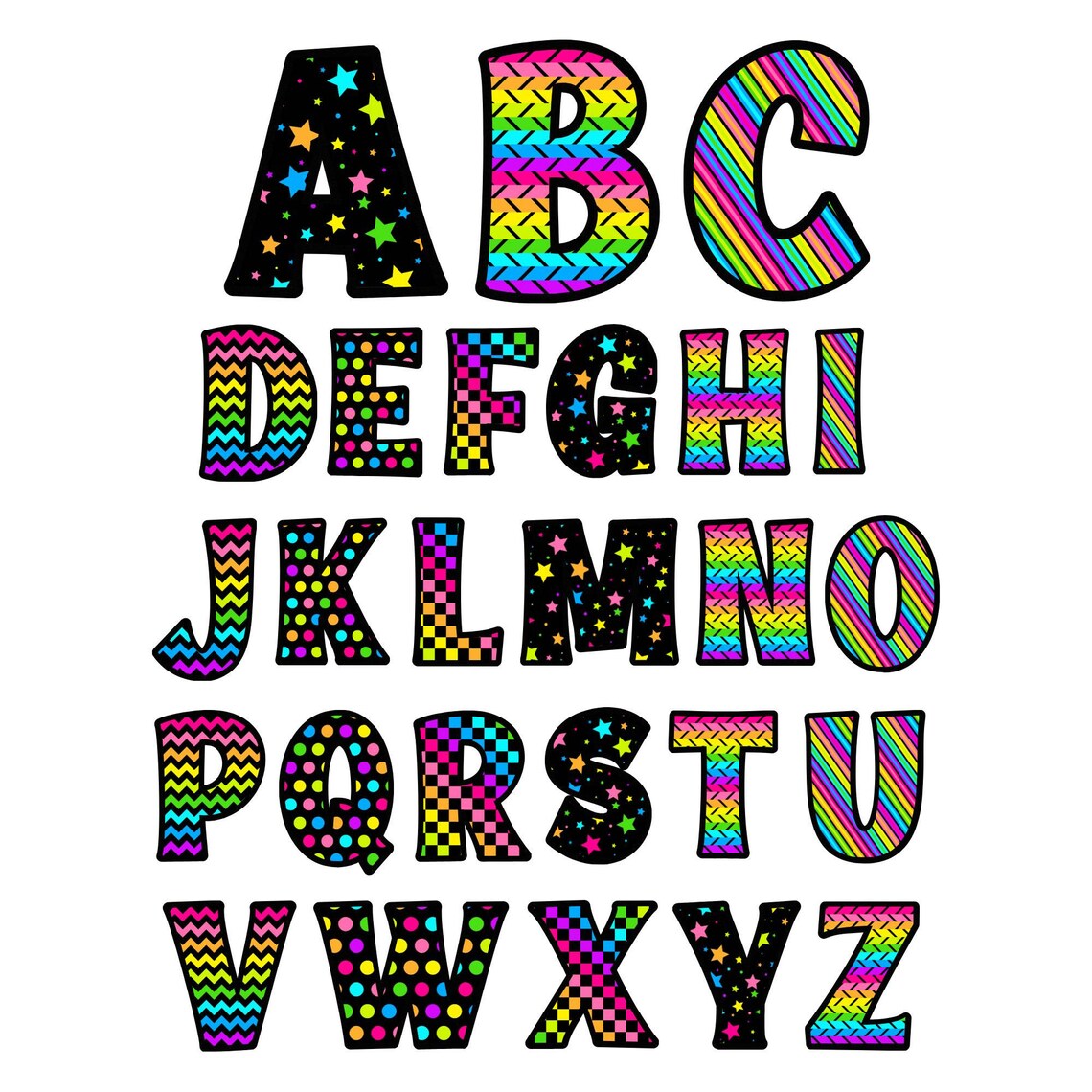 Neon Patterns Strips Chevron Checkers Stars Alpha Doodle Font Upper ...