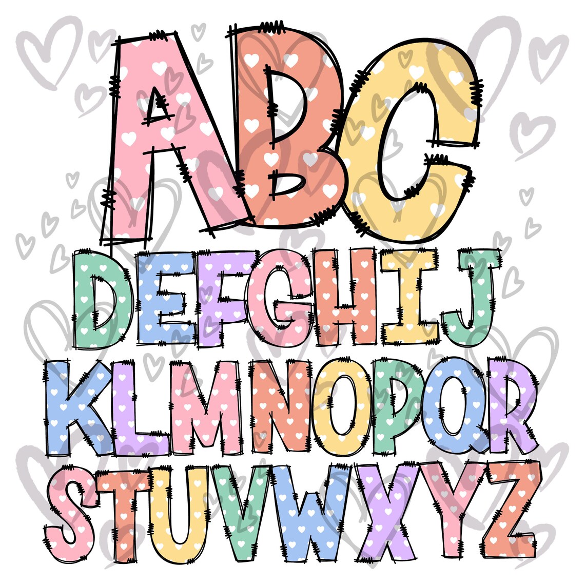 Pastel Hearts Alphabet Letters PNG Bundle, Pink Orange Yellow Green ...