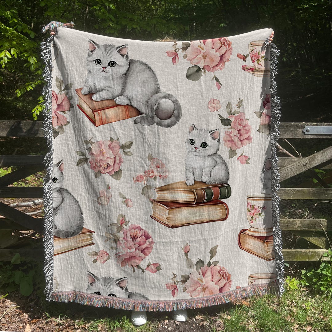 Bookish Woven Blanket, Cat Lover Readers Blanket, Bookish Gift, Comfy ...