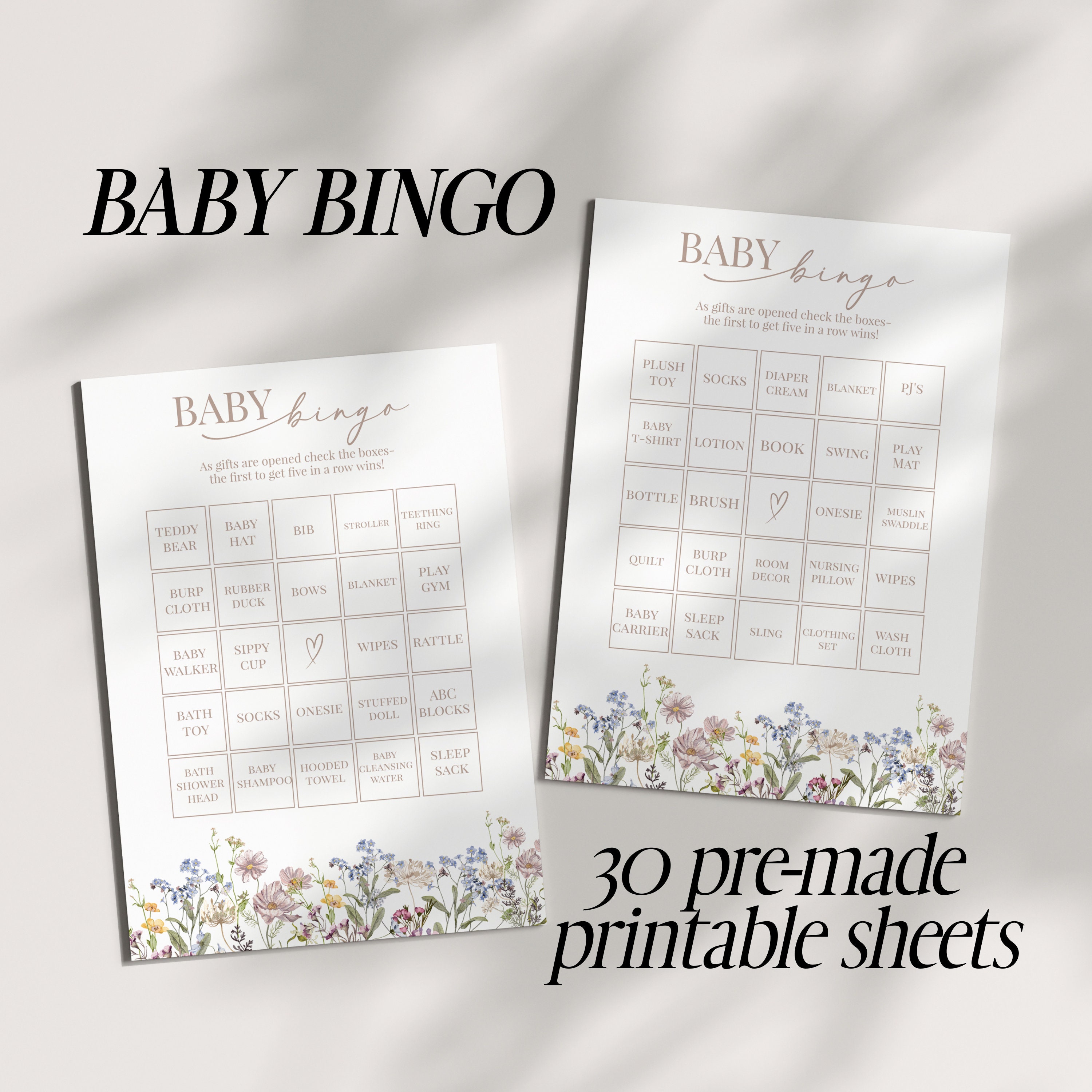 Wildflower Baby Shower Bingo Cards: 30 Pre-filled Floral Games (digital ...