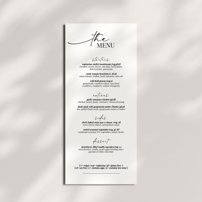 Elegant Wedding Menu Template With Dietary Key (digital Download) - Etsy