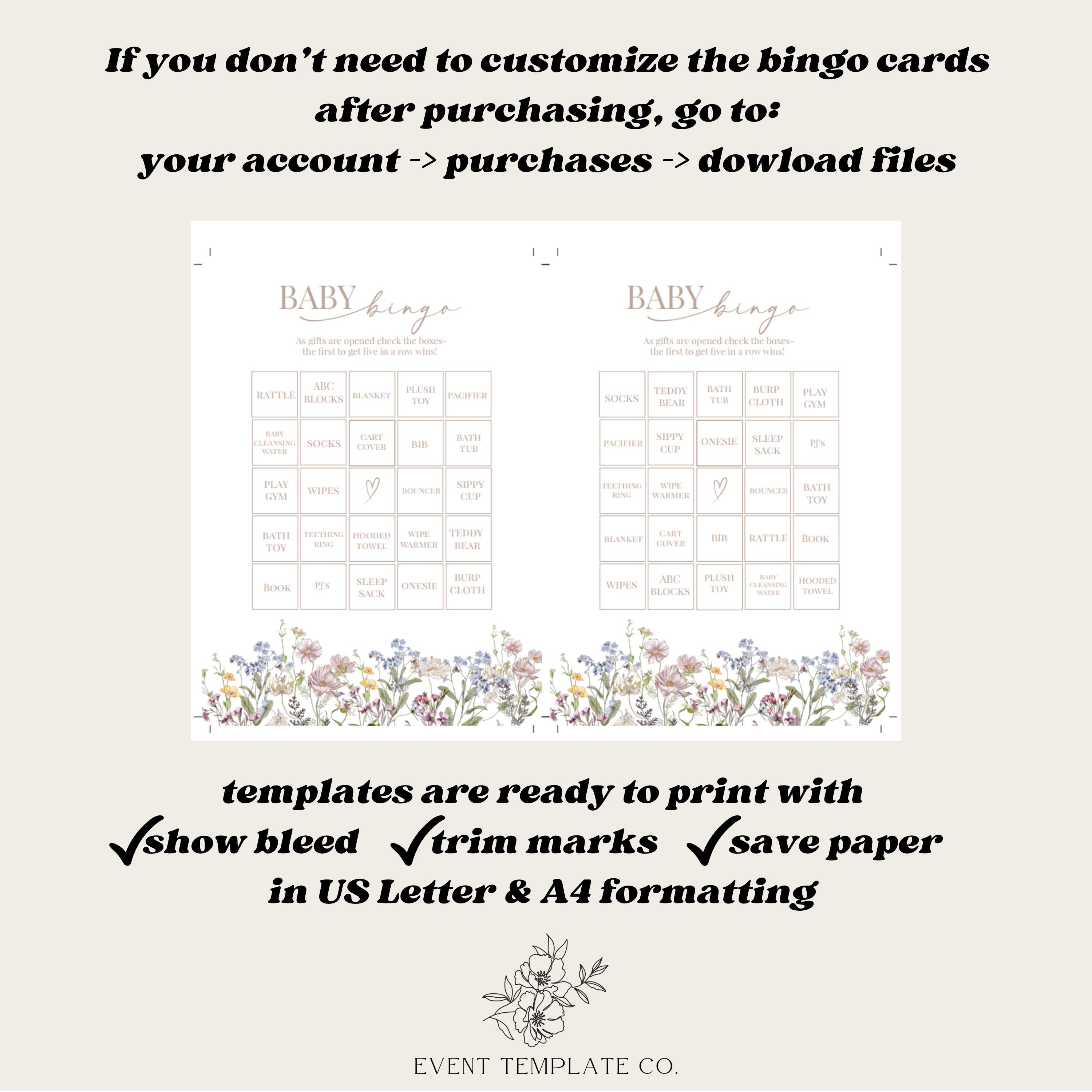 Wildflower Baby Shower Bingo Cards: 30 Pre-filled Floral Games (digital ...