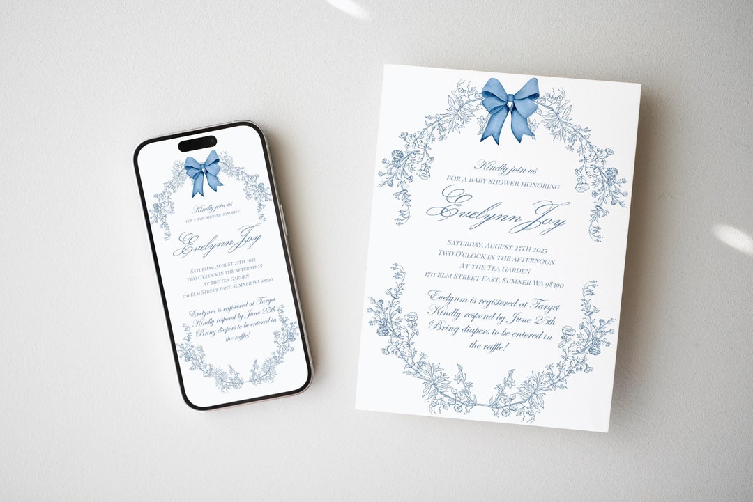 Blue Baby Shower E-vite, Blue Bow and Toile Baby Shower, Soft Florals ...