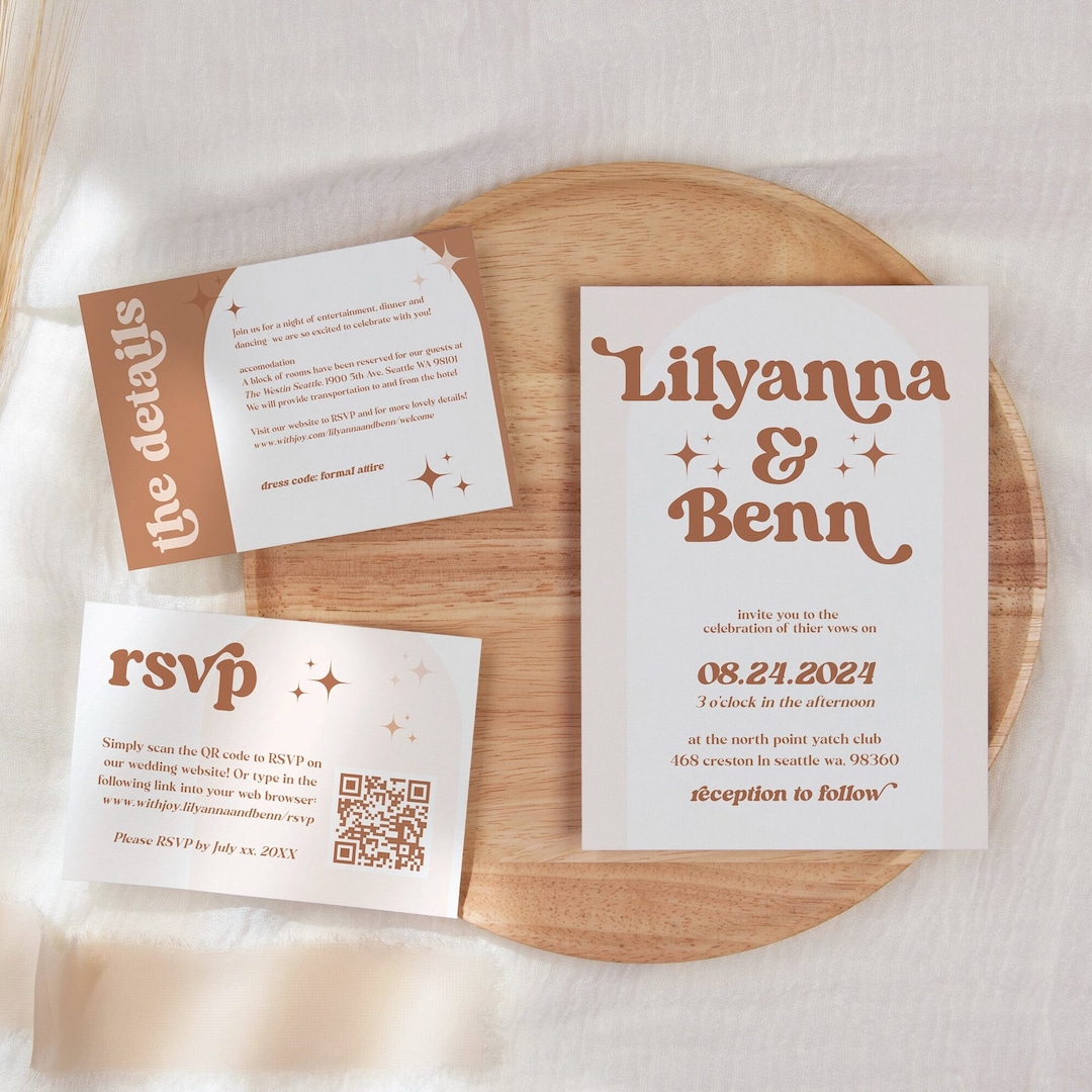 Retro Arch Wedding Invitation, QR Code RSVP, Vintage Wedding, Simple ...