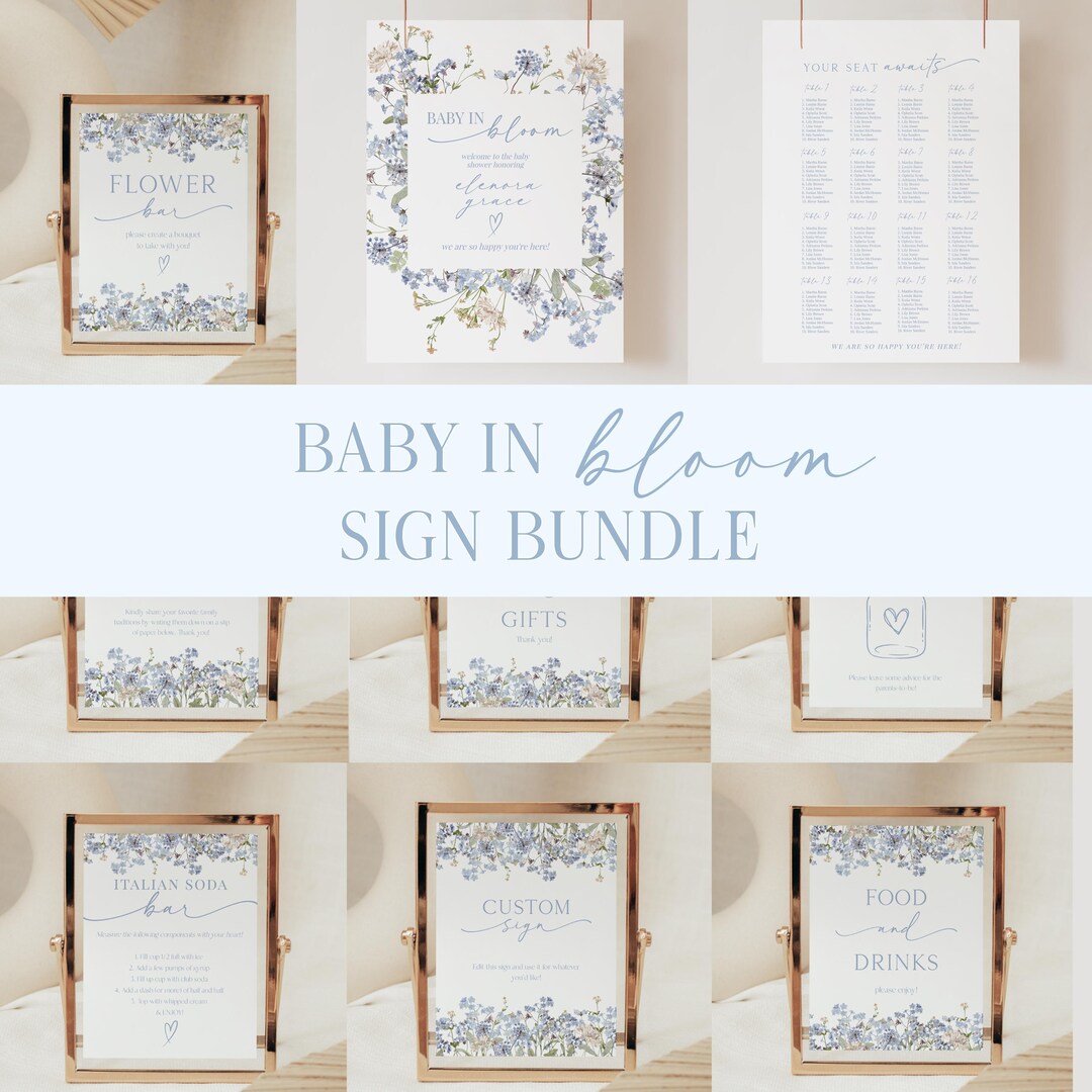 Blue Floral Baby Shower Sign Bundle: Games & Decor (digital Download ...