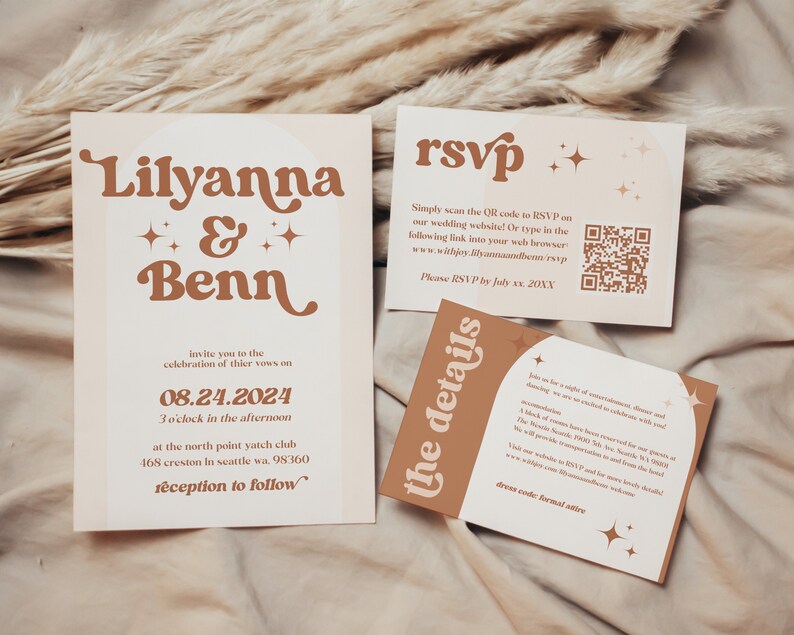 Retro Arch Wedding Invitation, QR Code RSVP, Vintage Wedding, Simple ...